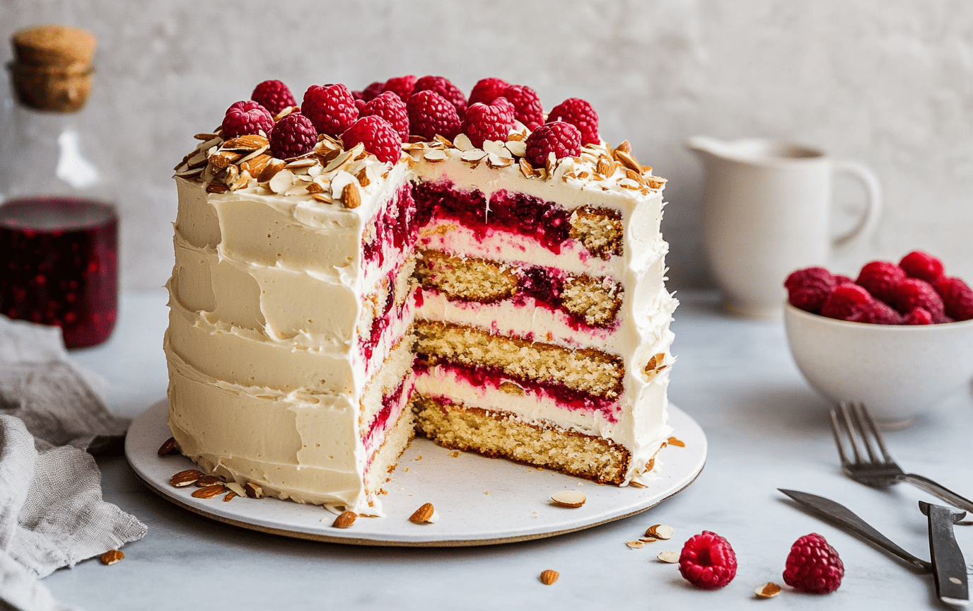 Best Vegan Almond Rapsberry Layer Cake - Light Orange Bean