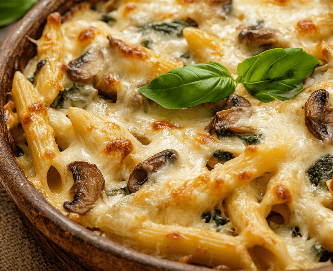 Cheesy Mushroom Spinach Penne Bake - Light Orange Bean