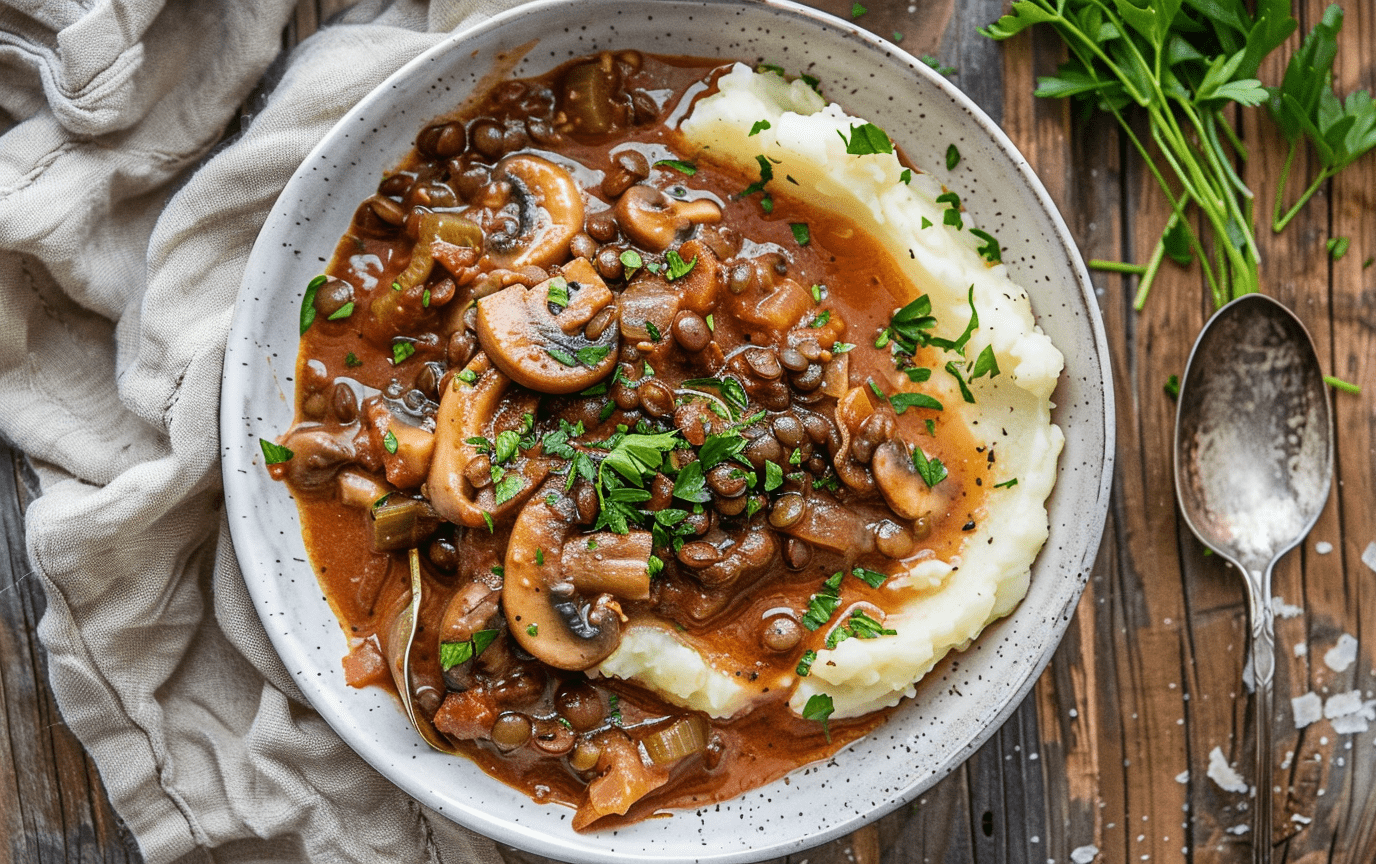 Perfect Hearty Lentil and Mushroom Stew with Mashed Potatoes - Light ...