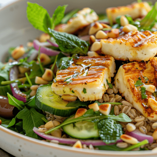 Grilled Halloumi Salad (Cheese and Farro) - Light Orange Bean