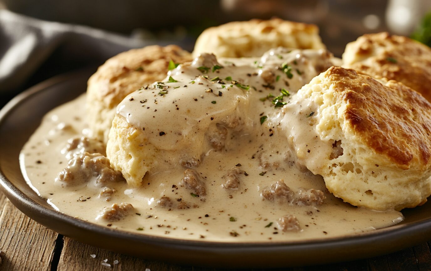 Quick Fluffy GF Biscuits with Savory Gravy - Light Orange Bean