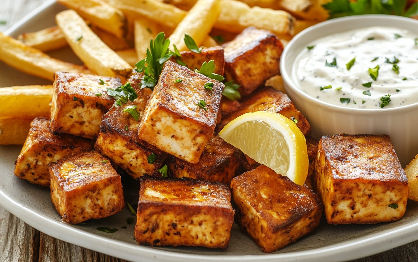 Crispy Vegan Tofu Bites with Chips - Light Orange Bean