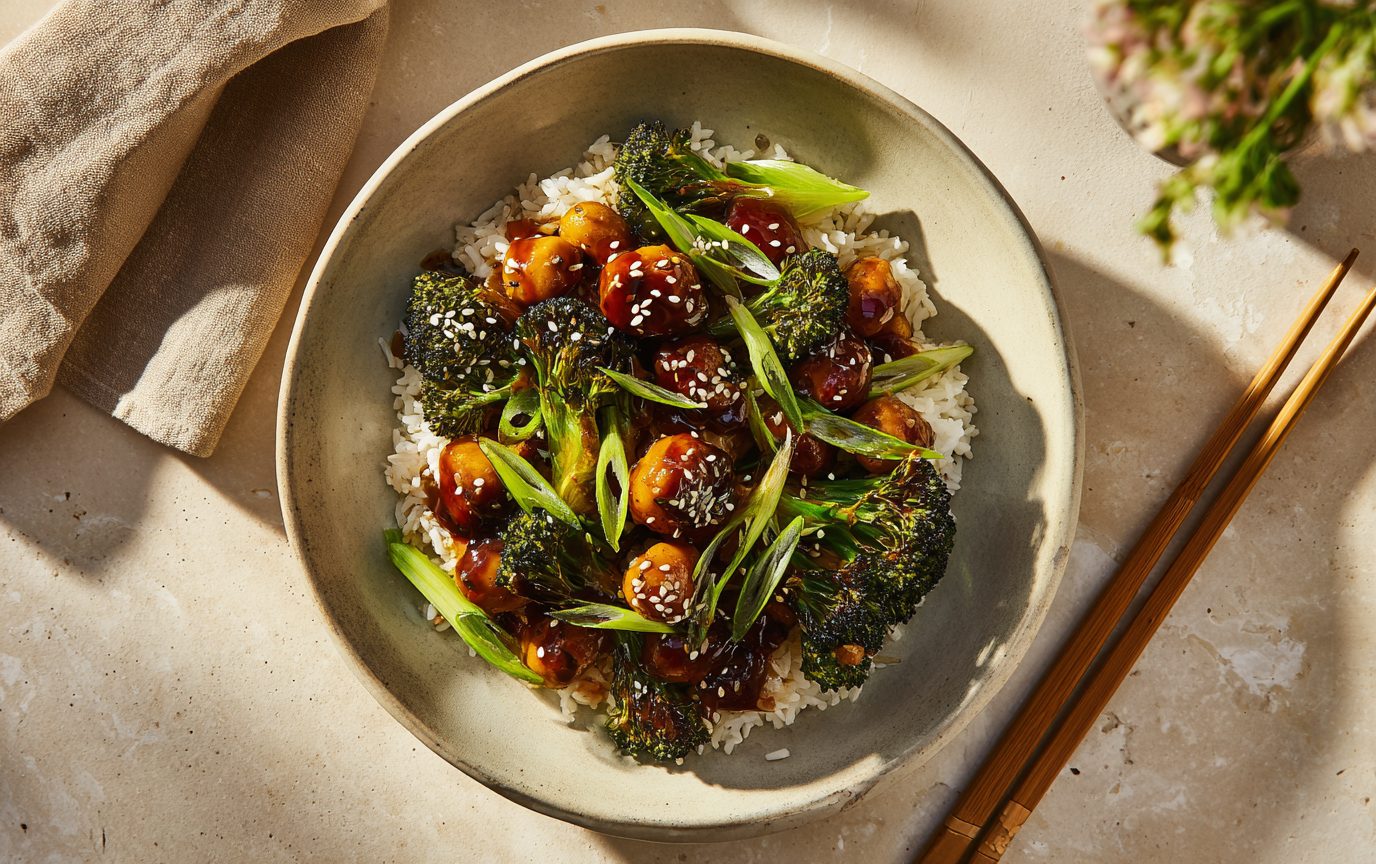 Vegan Teriyaki Chickpea Rice Bowl - Light Orange Bean